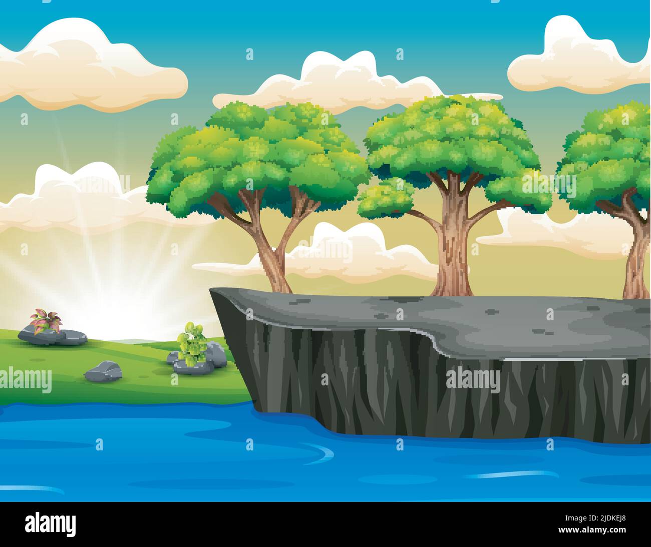 Tree on the Cliff Scenery with Grass, Sea, Sky And Clouds Stock Vector ...