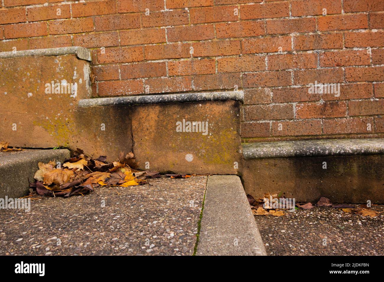 edge of shallow riser steps with a dirty brick wall in the background ...