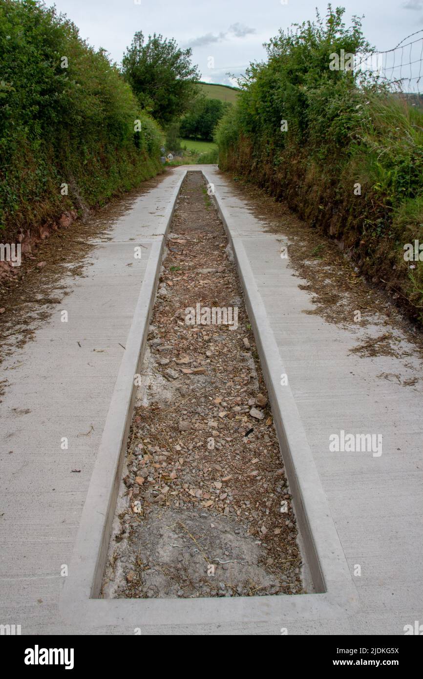two strips of cement laid for cars and trucks on a country lane with ...