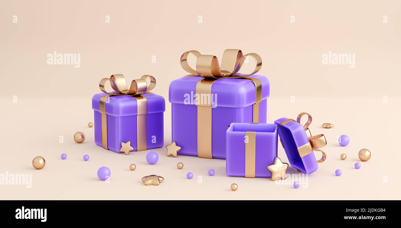 Realistic violet gift box with golden ribbon bow background. Concept of ...