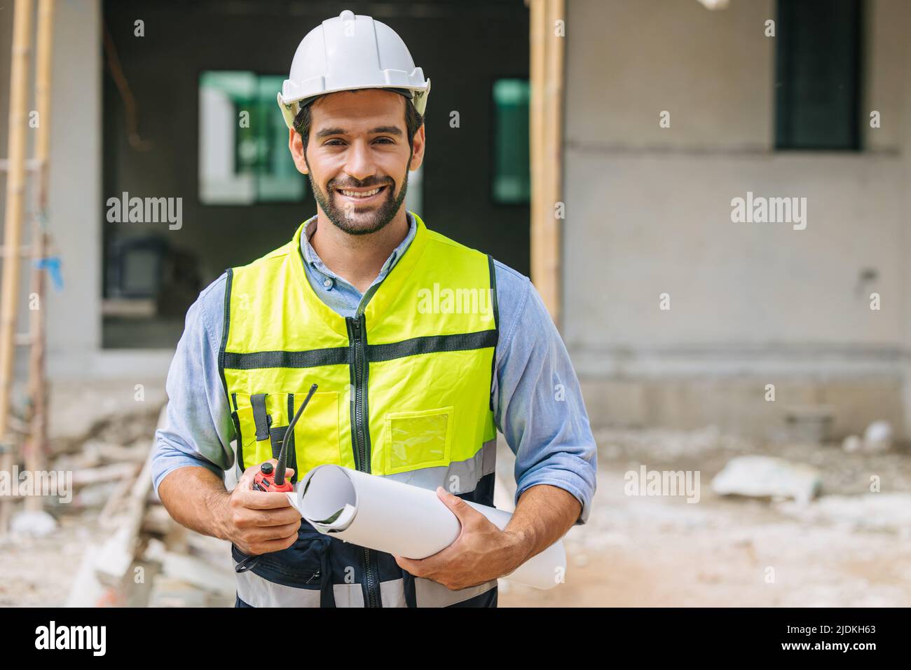 Engineer builder. Happy Foreman work in construction site. senior ...
