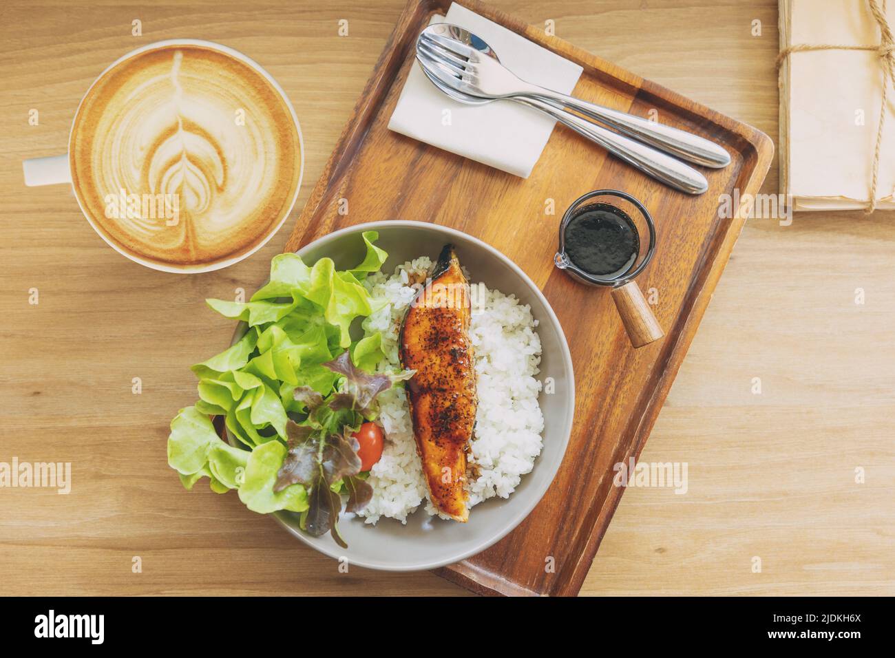 healthy food meal Japanese rice with Salmon Teriyaki with salad ...