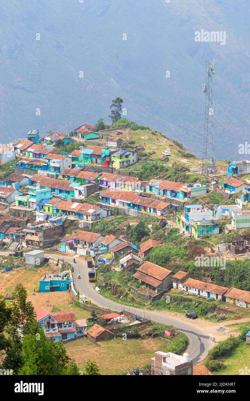 Aerial view of colorful houses of Poombarai village located at the ...