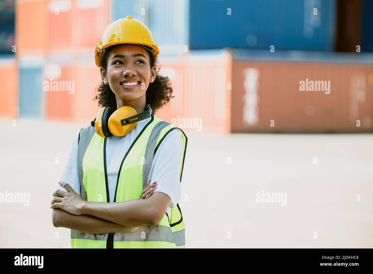 portrait black teen girl cargo staff worker smart confident happy smile ...