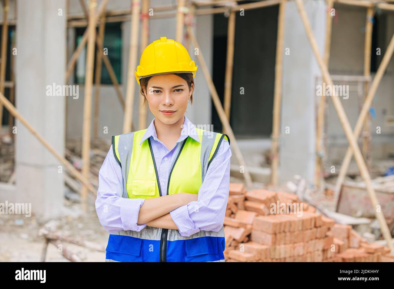 smart engineer confident lady builder woman girl smile in construction ...