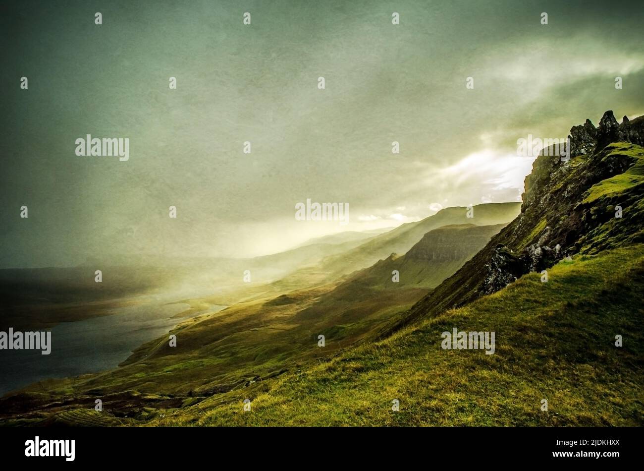 Rugged rural landscape with mist and distand lake in England Stock ...