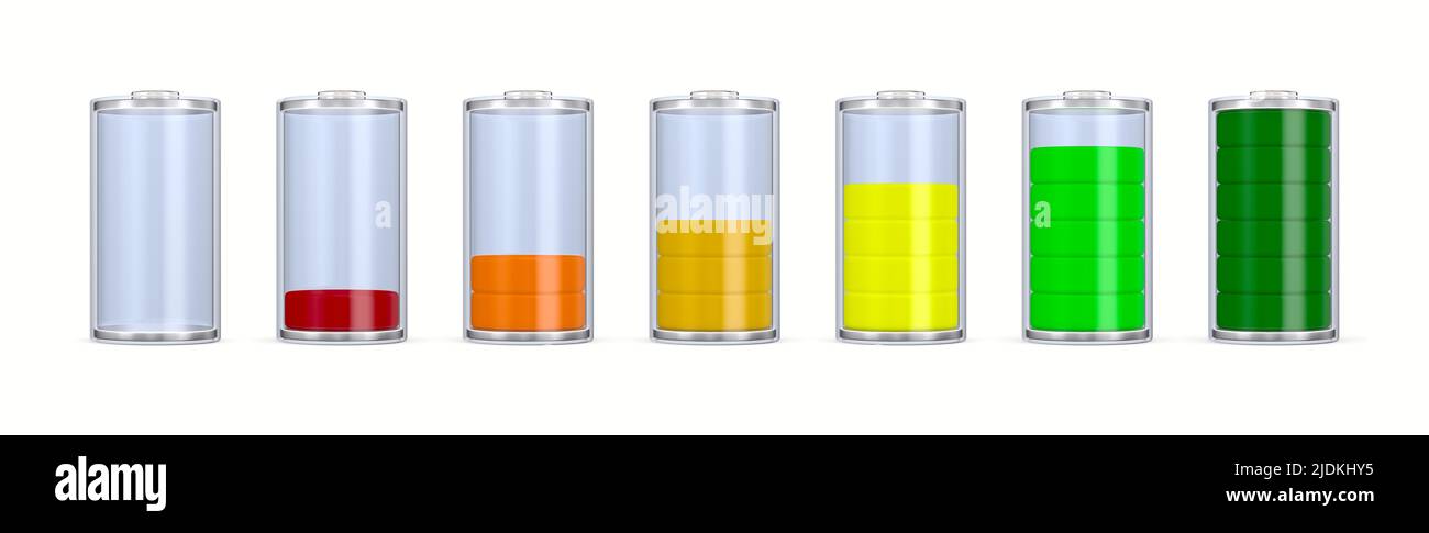 different charging status battery load on white background. Isolated 3d ...