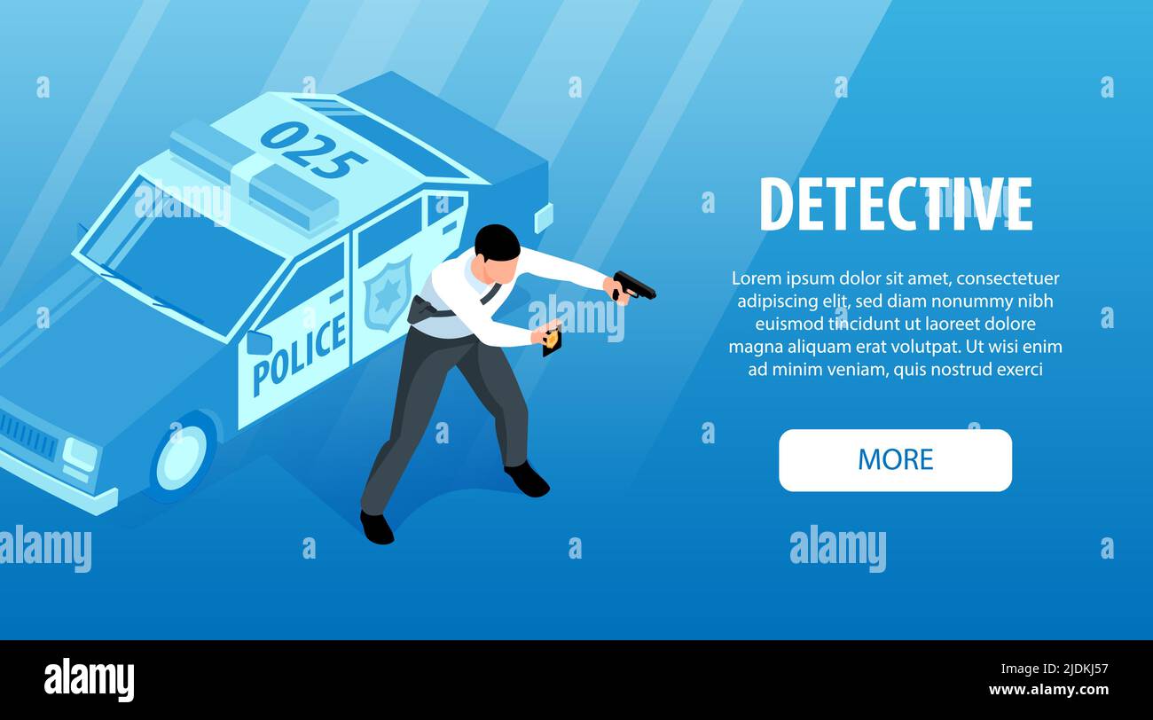 Isometric police horizontal banner with more button editable text and ...