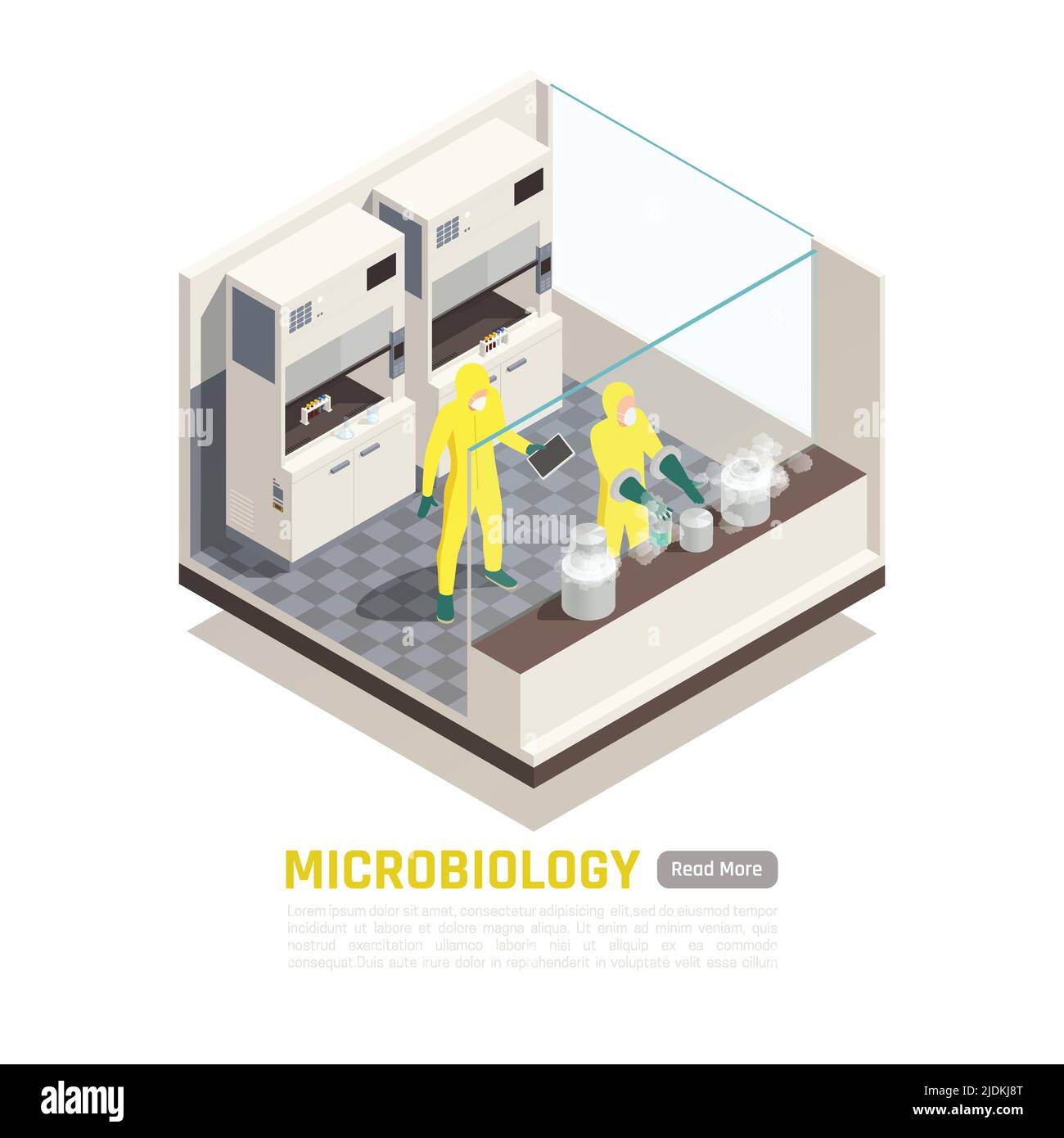 Microbiology isometric composition with people in yellow protective ...