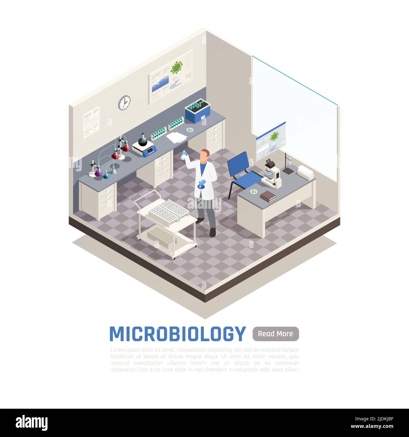 Microbiology isometric composition with male scientist researching in ...