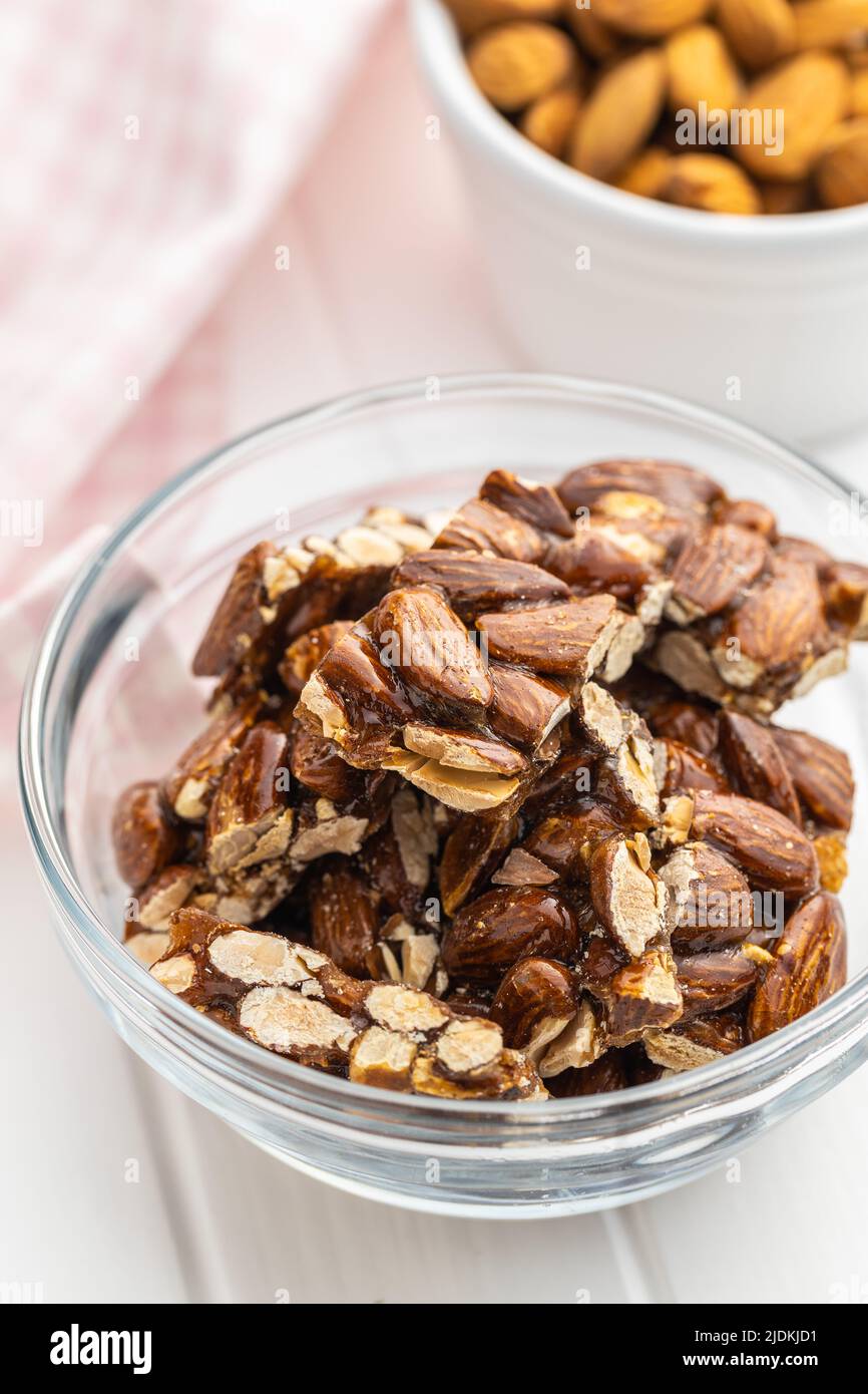 Sweet mini almond bars on a white table Stock Photo - Alamy
