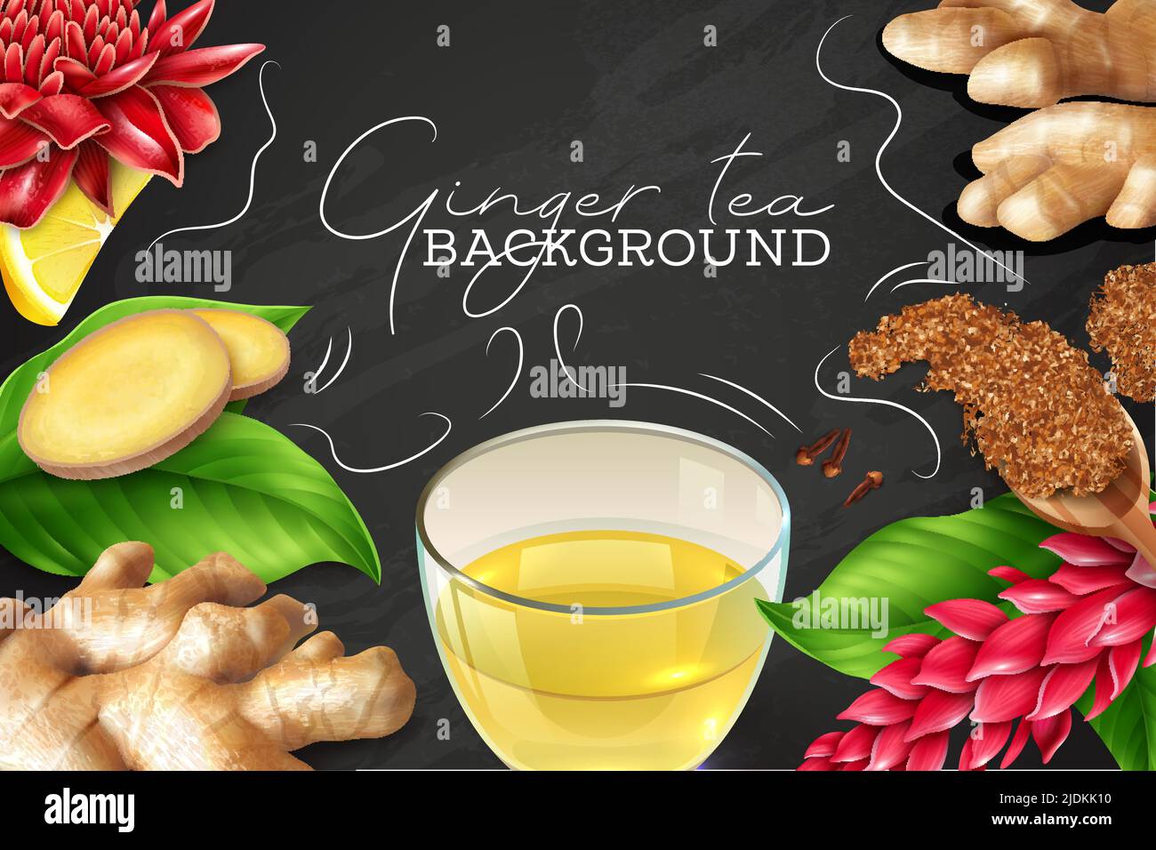 Ginger root leaves flowers lemon clove realistic black chalkboard ...