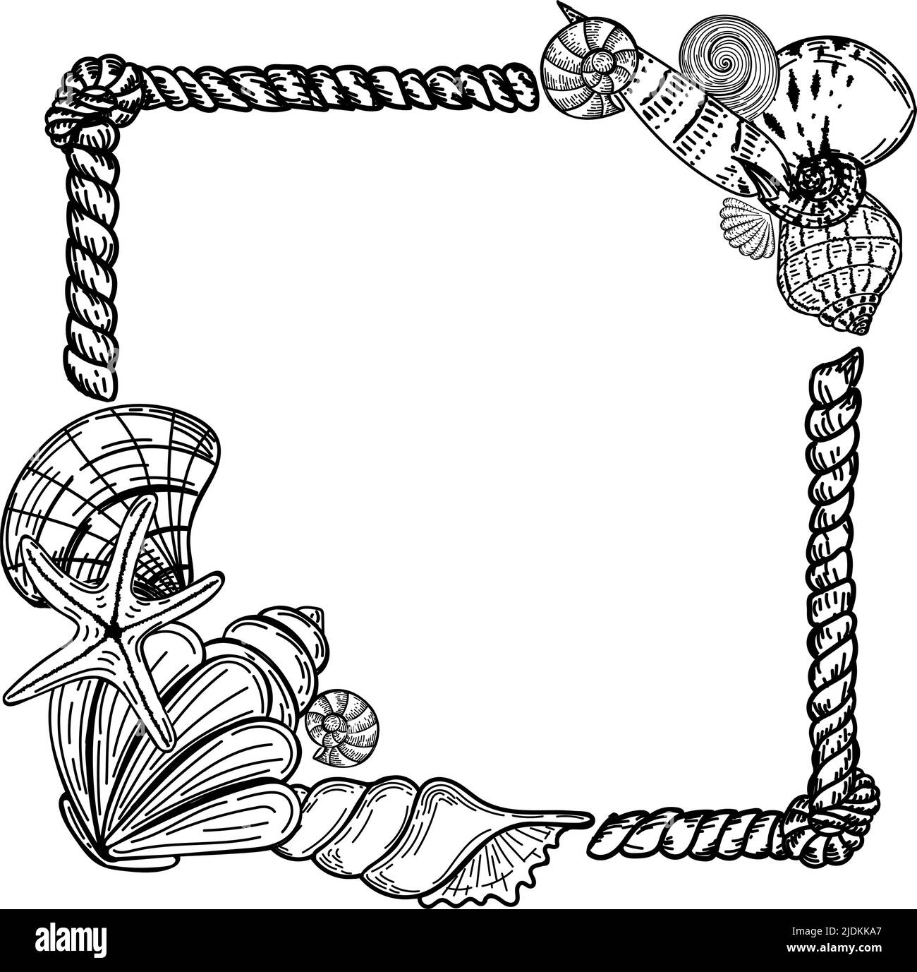 A nautical-style frame, hand-drawn doodle elements in sketch style. Sea ...