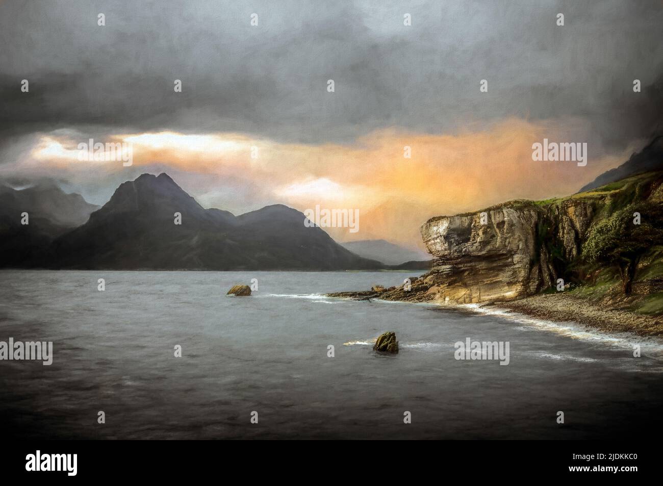 Romantic scenic view across water to hills at sunset Stock Photo - Alamy