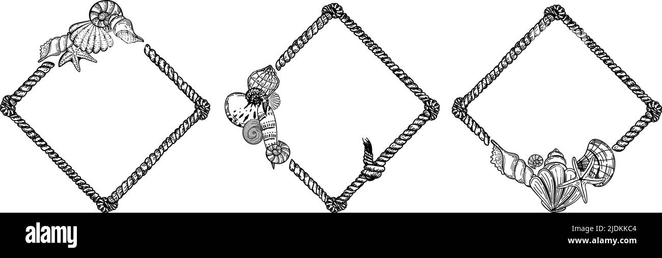 A set of nautical templates. Rope with seashells and starfish, hand ...