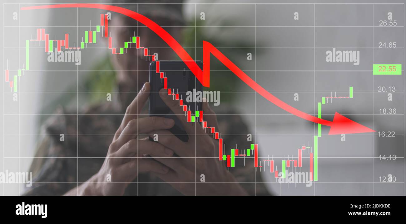 businessman near downfall finance graph, shot on the blue background ...