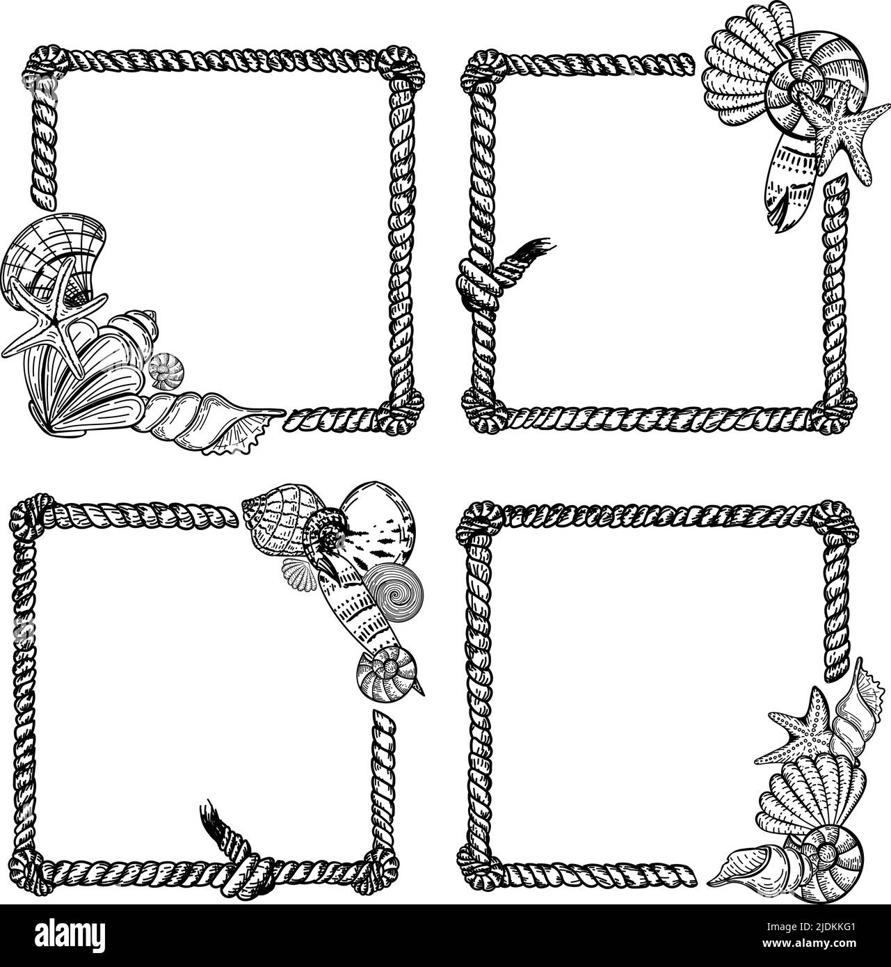 A set of nautical frames. Rope with seashells and starfish, hand-drawn ...