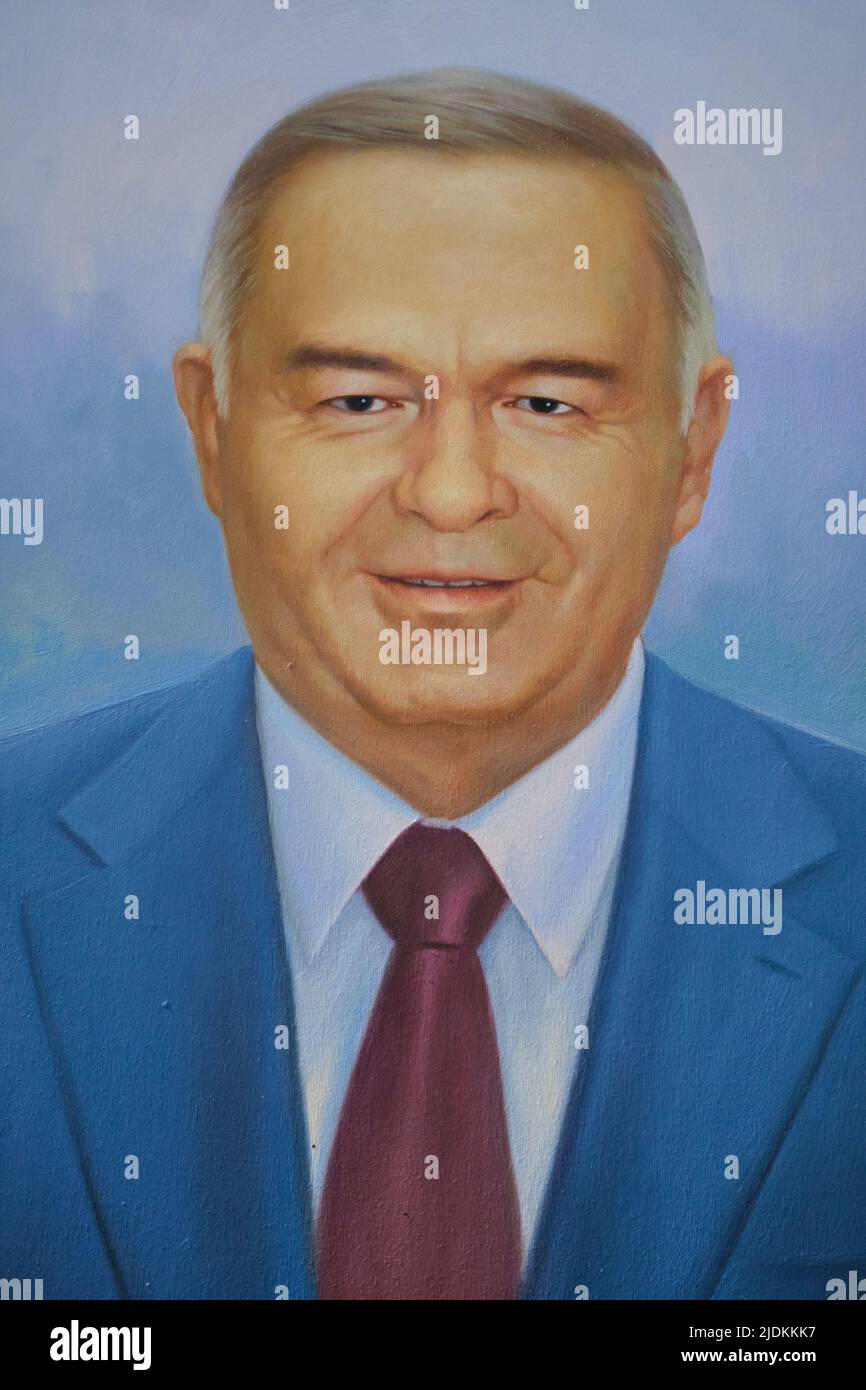 A smiling Karimov. Detail of an oil painting of Karimov at the former ...