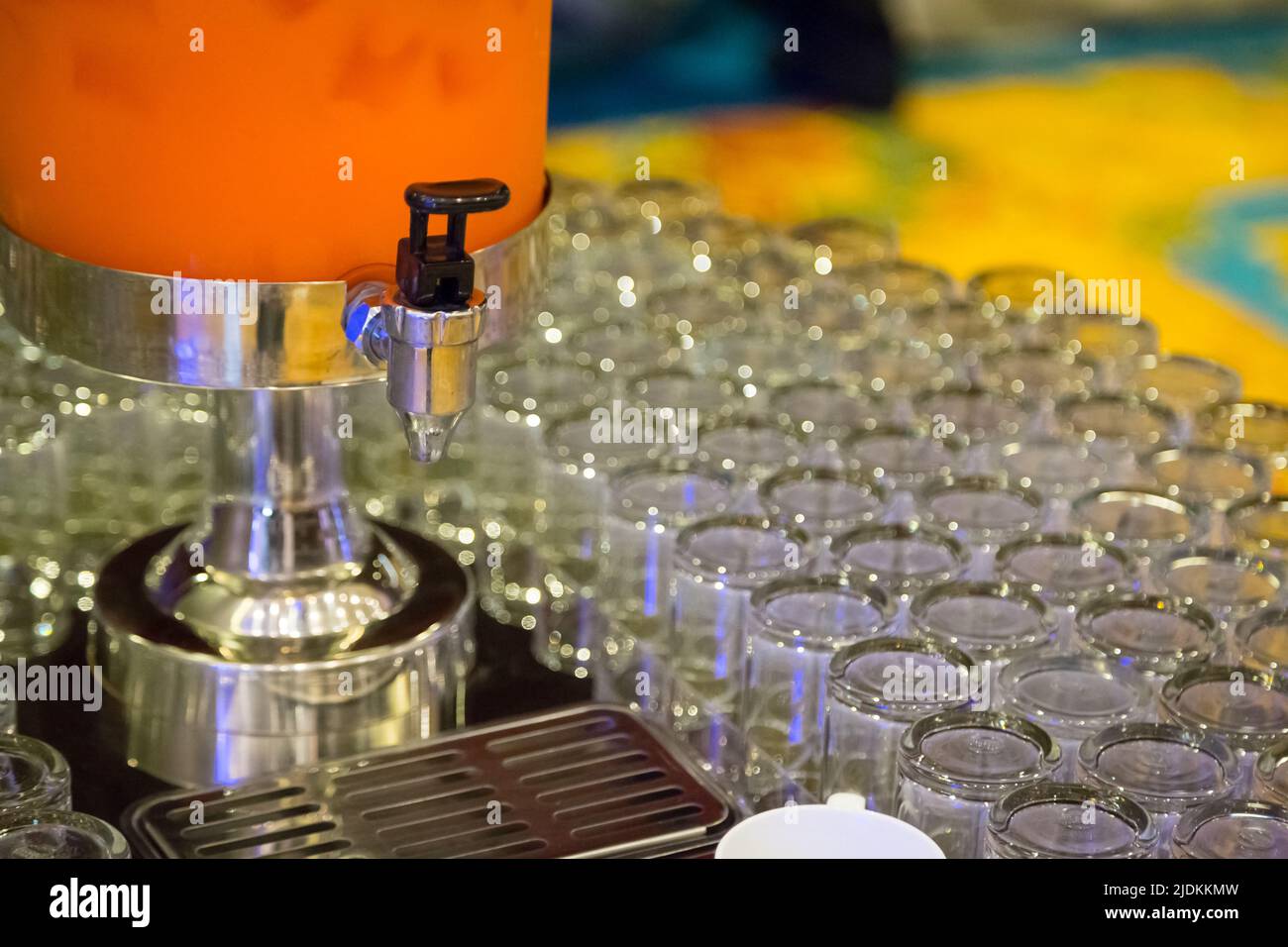 Many glasses with orange juice on buffet table food background Stock ...