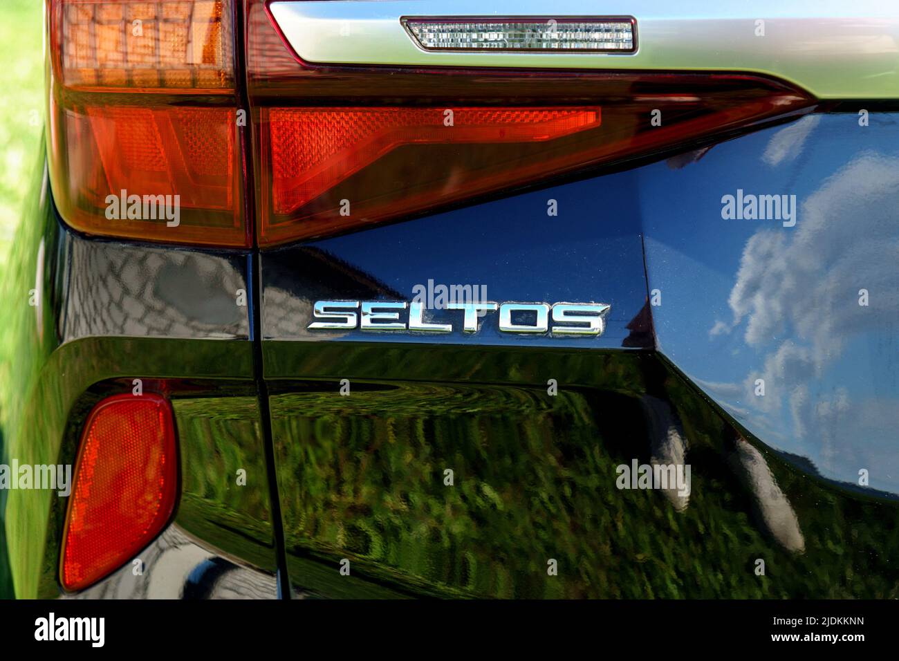 Tyumen, Russia-June 17, 2022: Kia Seltos Logo close up on car. Kia ...