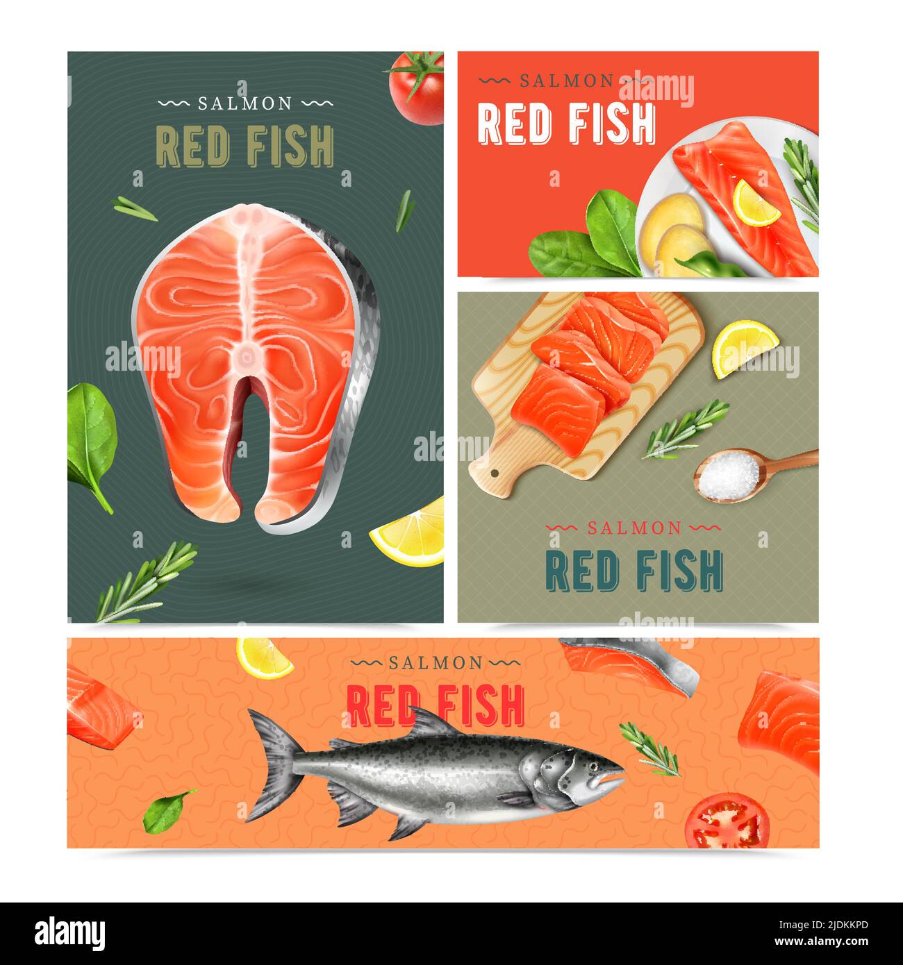 Red fish realistic banners set of living fish and dish made from salmon ...