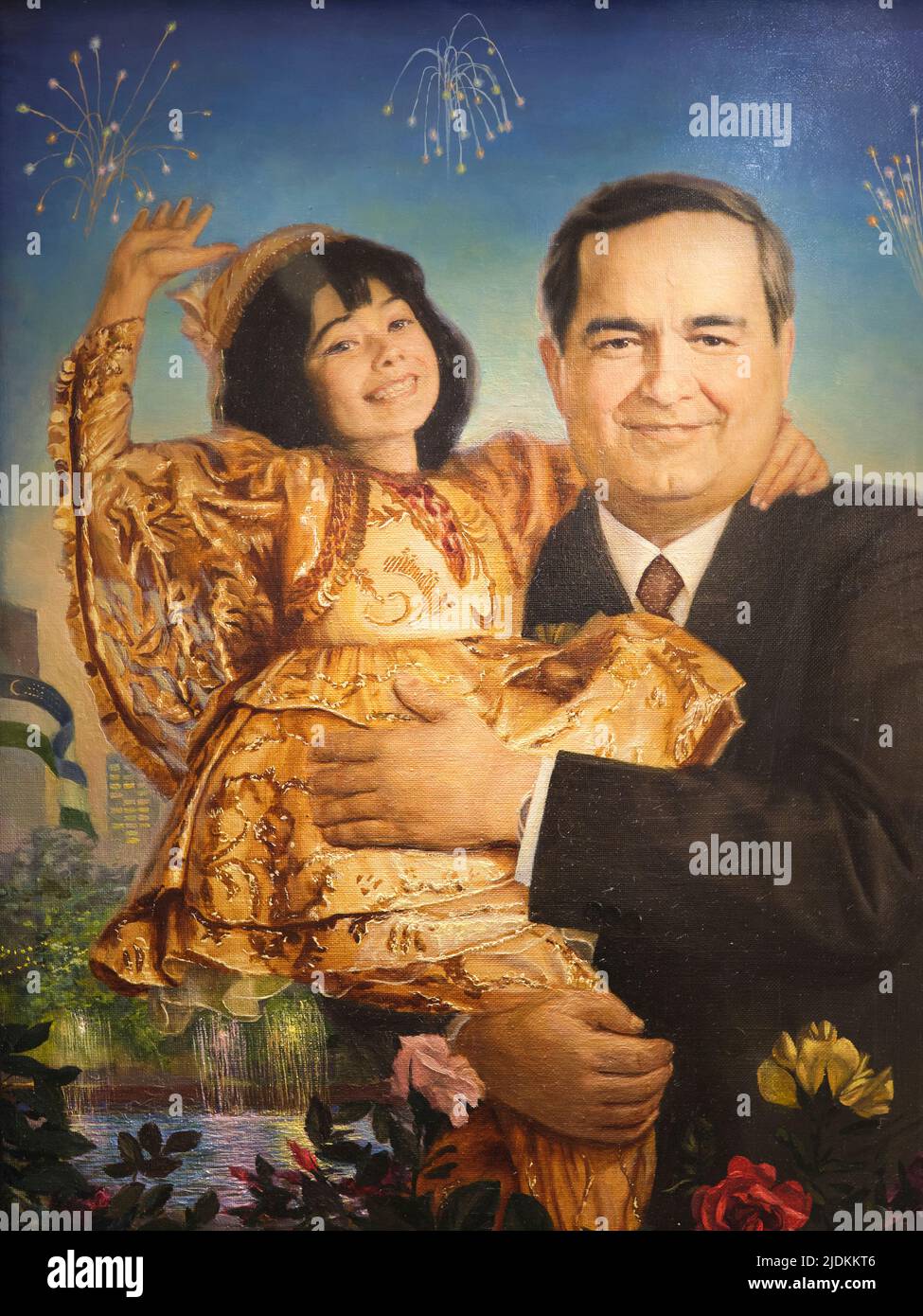 Karimov holding a happy child, waving. Detail of an oil painting of ...
