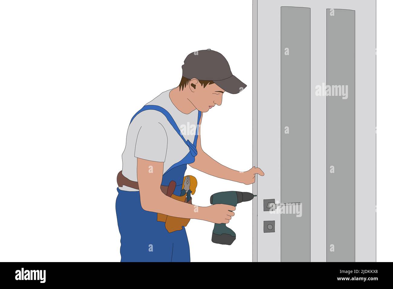 Door service. Repairman in the uniform with special equipment repair ...