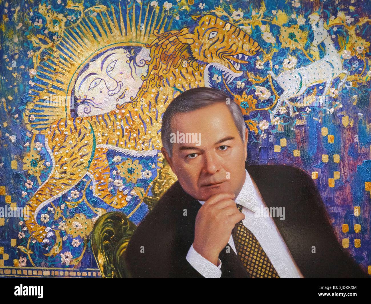 Karimov with the mosaic from the Registan Sherdor Madrassah in the ...