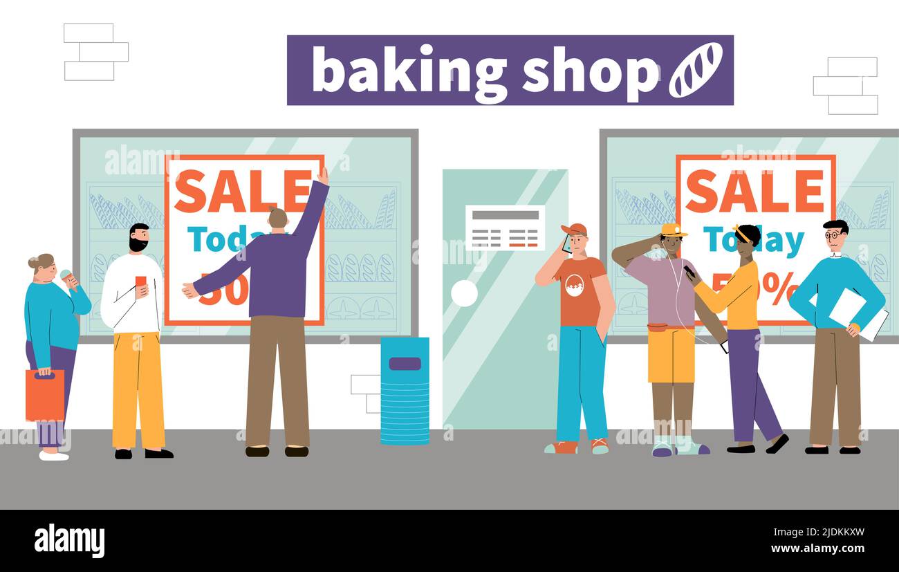 Turn people sale shop flat composition with store front of baking store ...