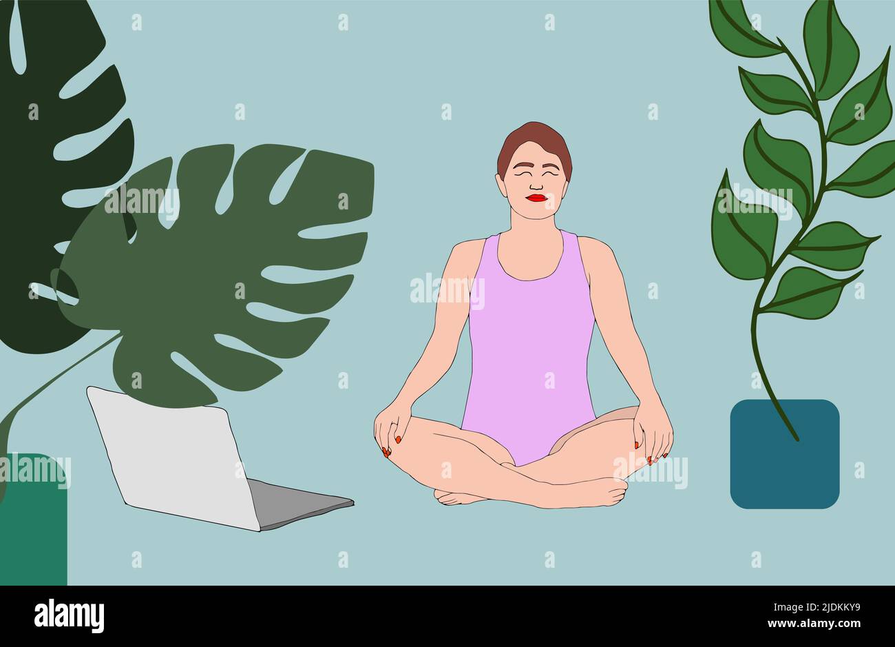 Woman doing morning yoga at home flat vector illustration. Female ...