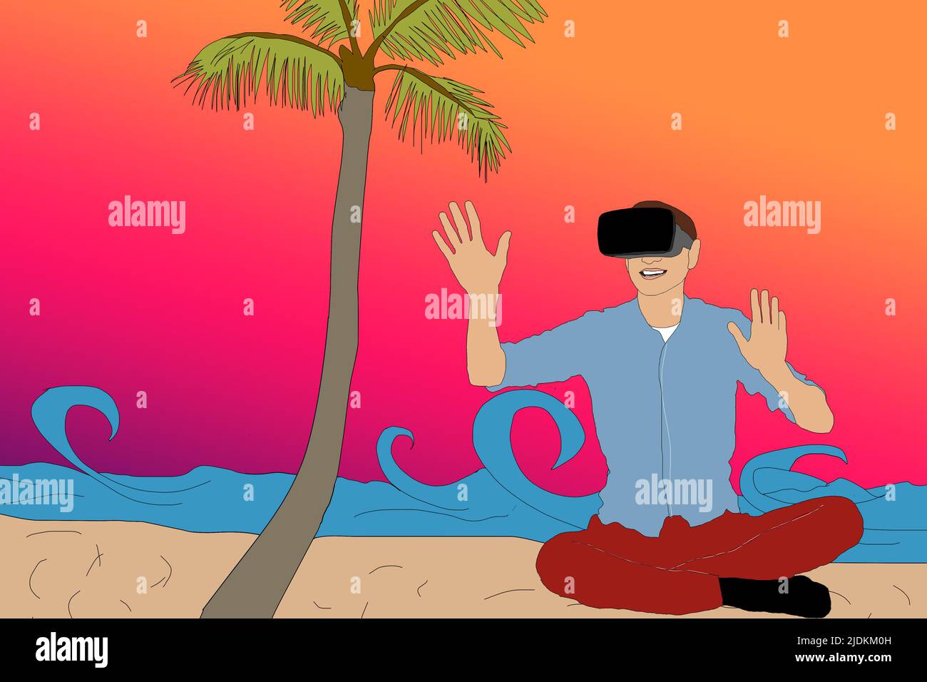 Happy man sitting in office chair on the beach in VR glasses. Cartoon ...