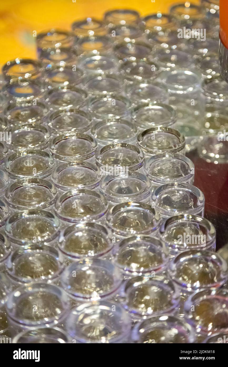 Many glasses with orange juice on buffet table food background Stock ...