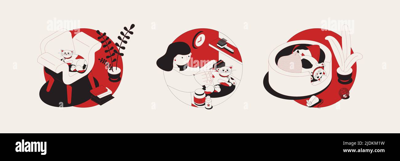 Cat set of three round compositions with isometric pet images human ...