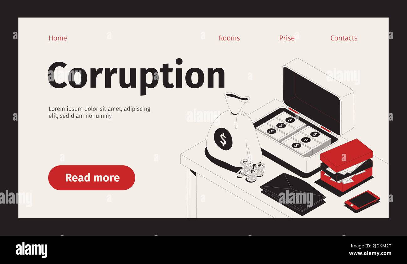 Corruption web site landing page with isometric images of cash with ...