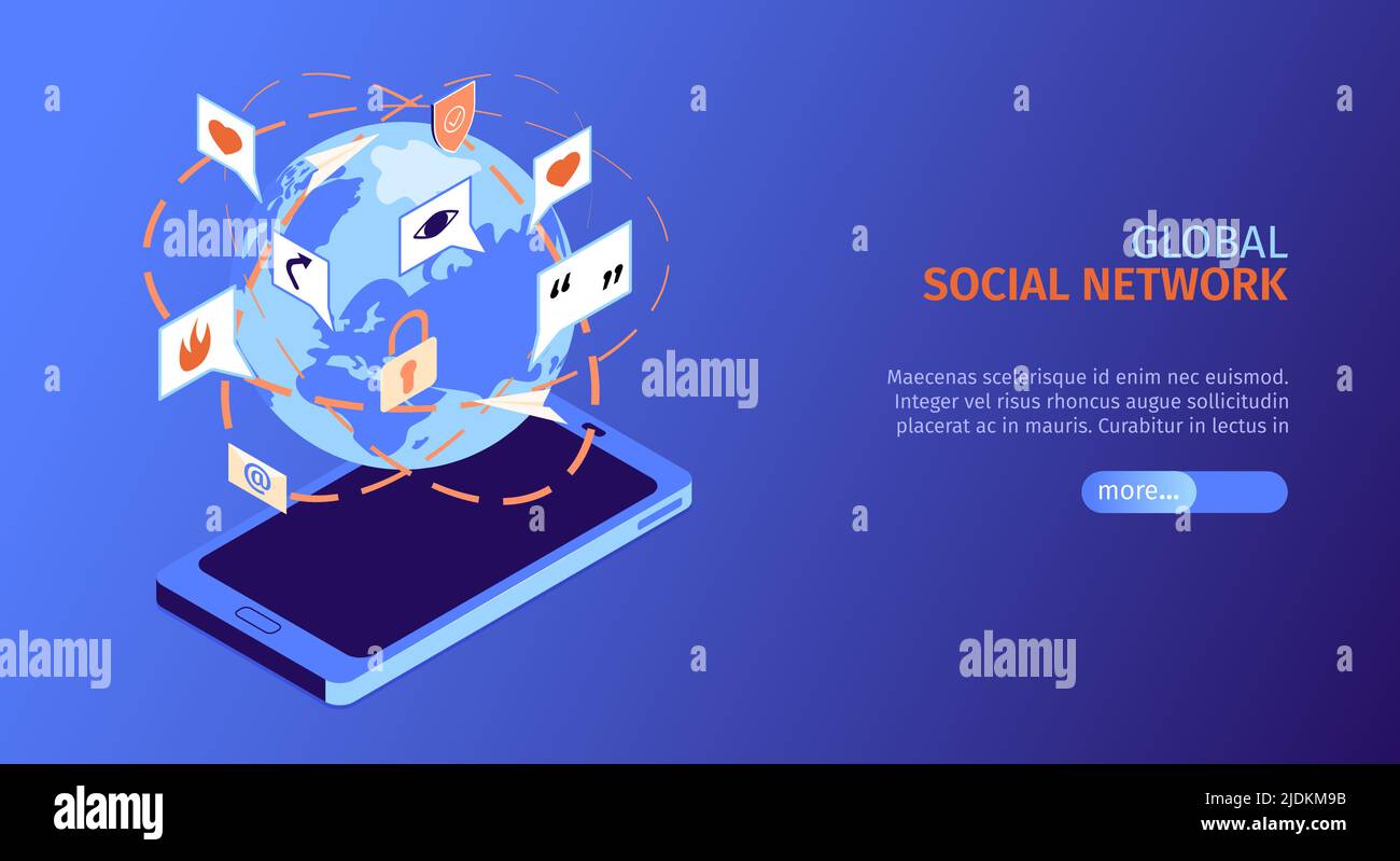Isometric social media horizontal banner with global social network ...