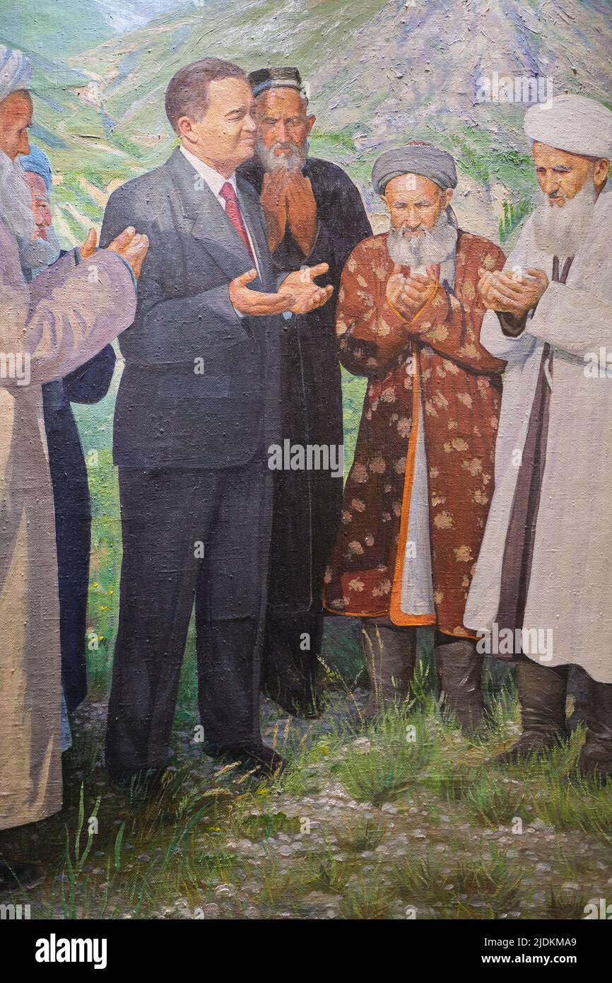 Karimov meeting and praying with rural village elders. Detail of an oil ...