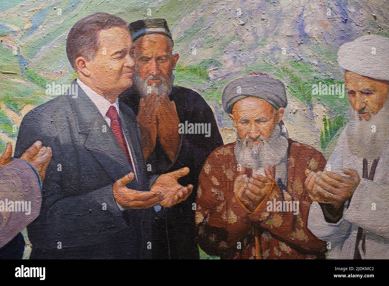 Karimov meeting and praying with rural village elders. Detail of an oil ...