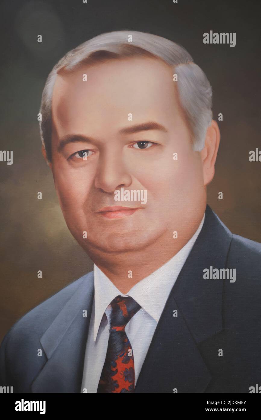 Portrait of Karimov. Detail of an oil painting of Karimov at the former ...