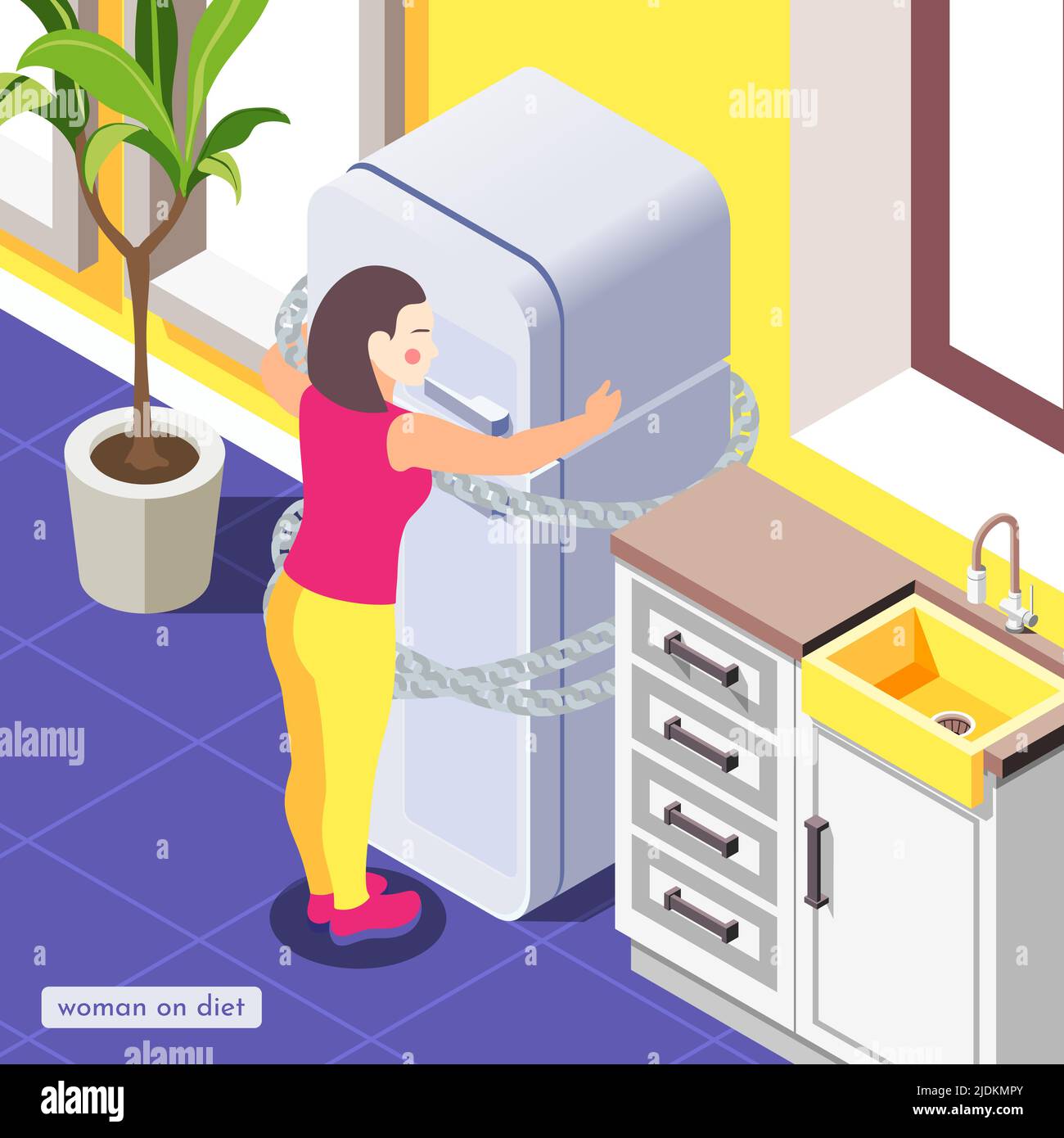 Woman on diet isometric background composition with kitchen interior ...