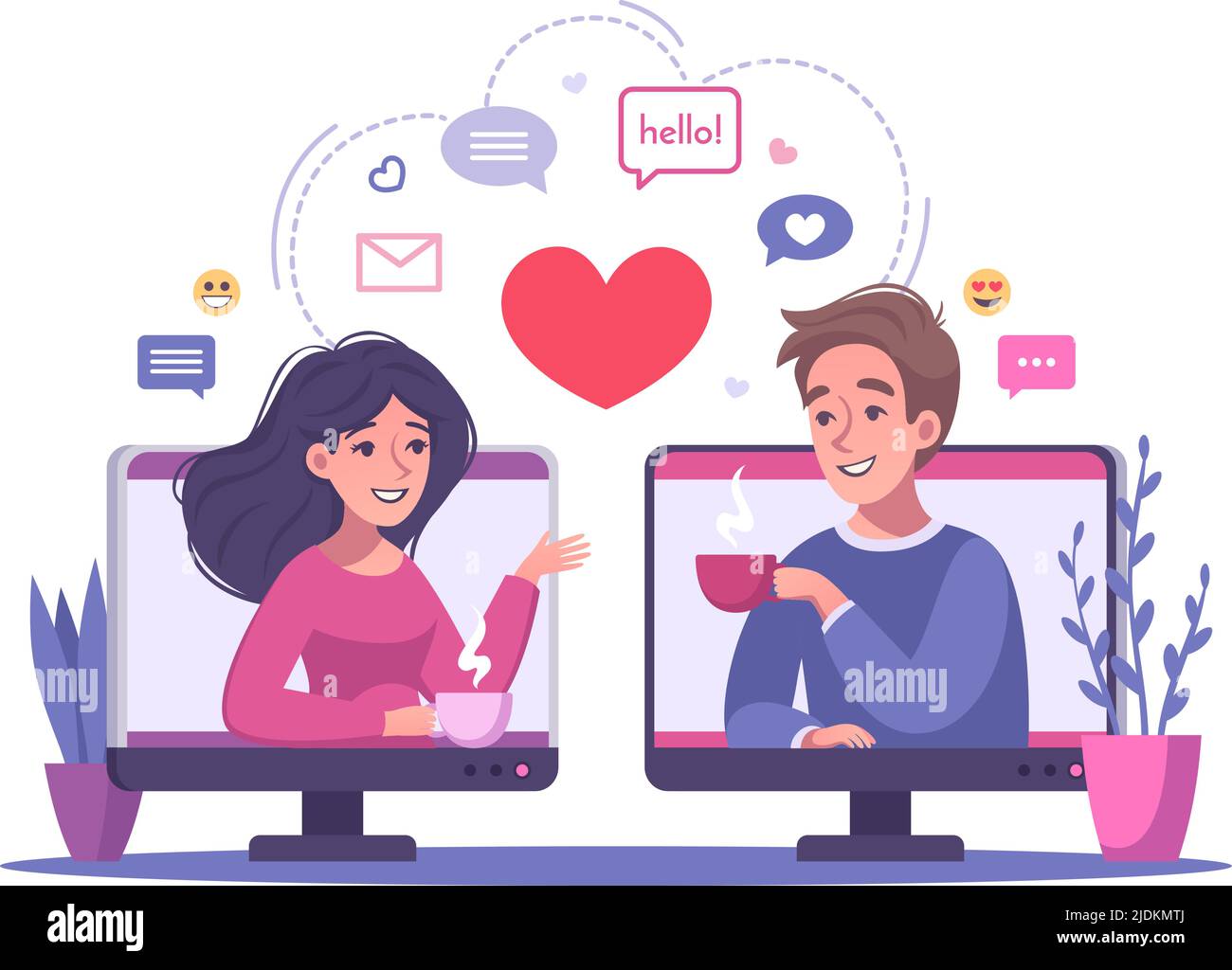 Virtual relationships online dating cartoon composition with computer ...