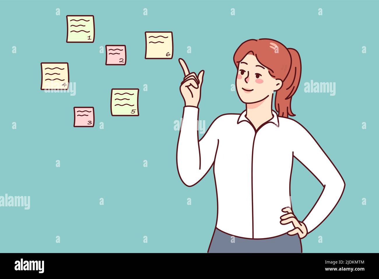 Smiling businesswoman point at sticky notes with numbers planning tasks ...