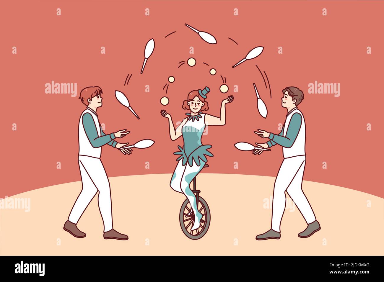 Artist juggling on circus arena. Man and woman performers make show on ...