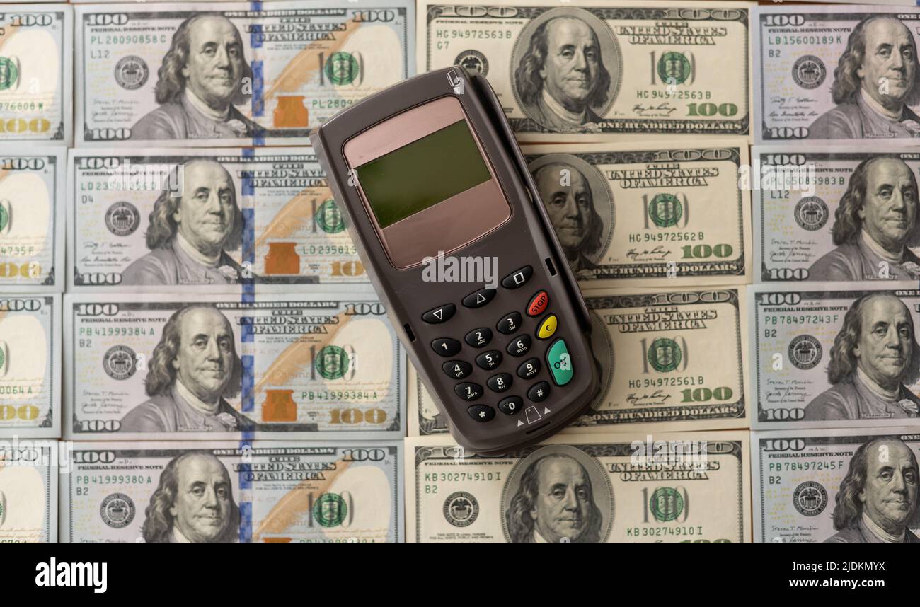 Terminal for cashless payments. Concept - refusal of cash transactions ...