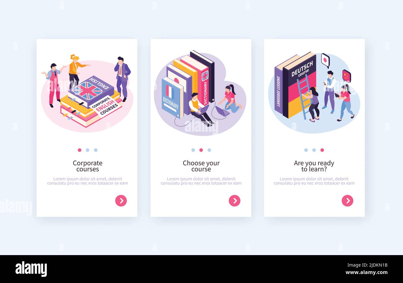 Language center courses 3 advertising vertical web banners with ...