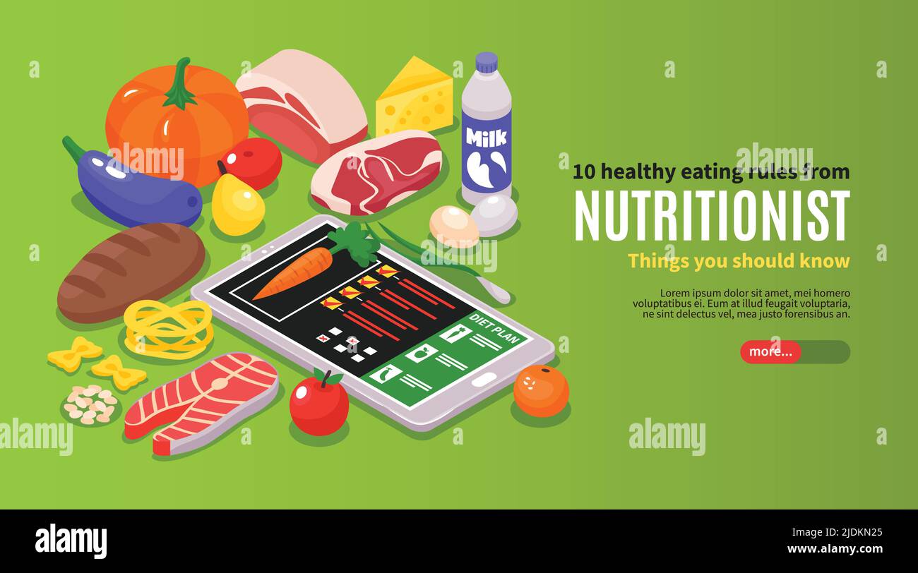 Isometric dietician nutritionist horizontal banner with editable text ...