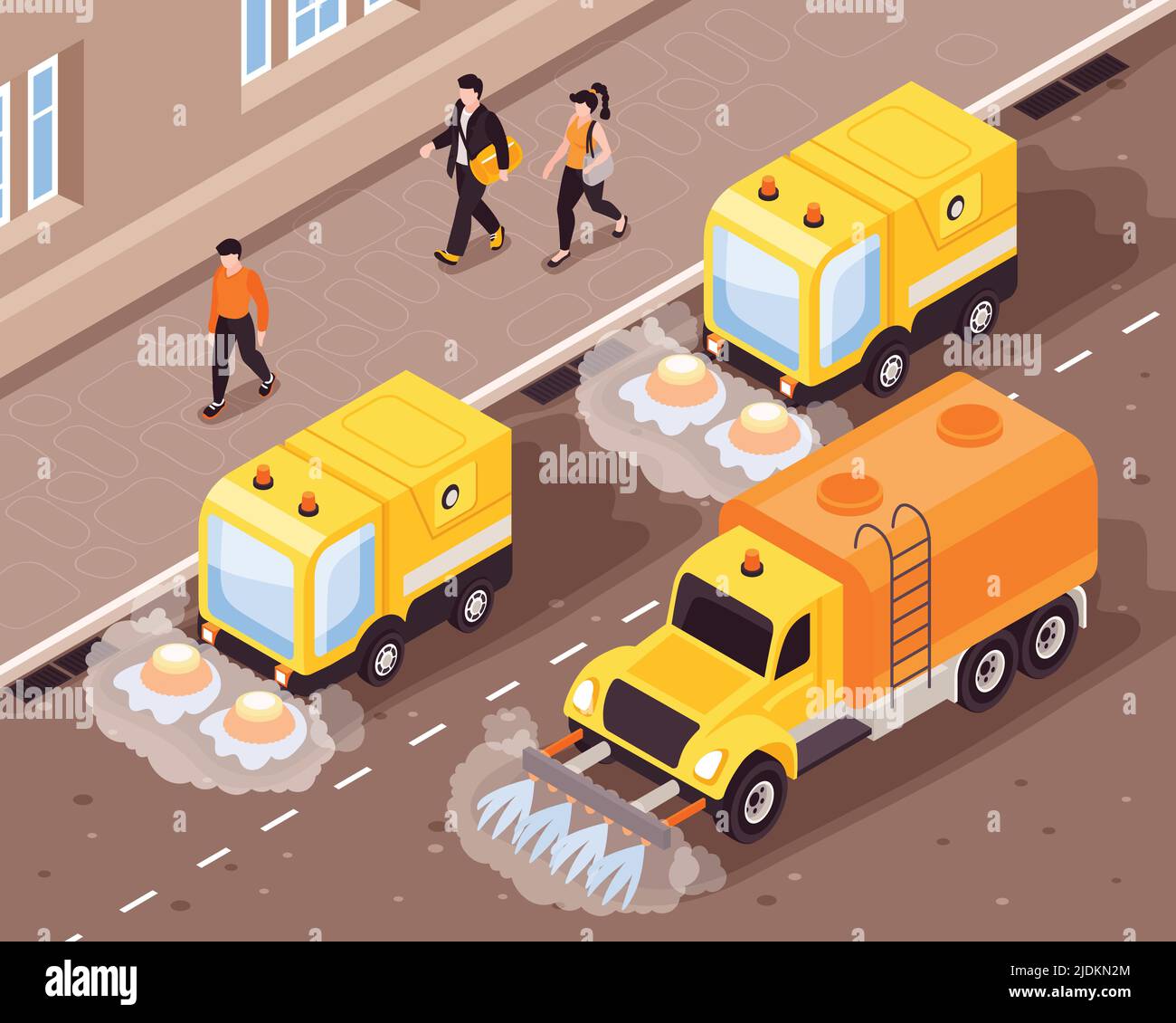 Isometric cleaning road composition with outdoor street scenery people ...