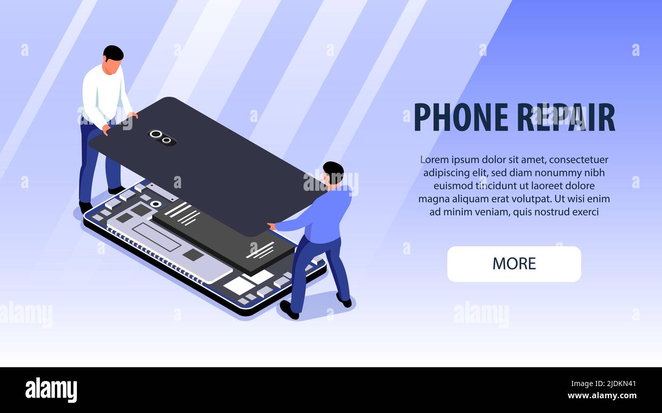 Two men from computer repair service fixing smartphone isometric banner ...