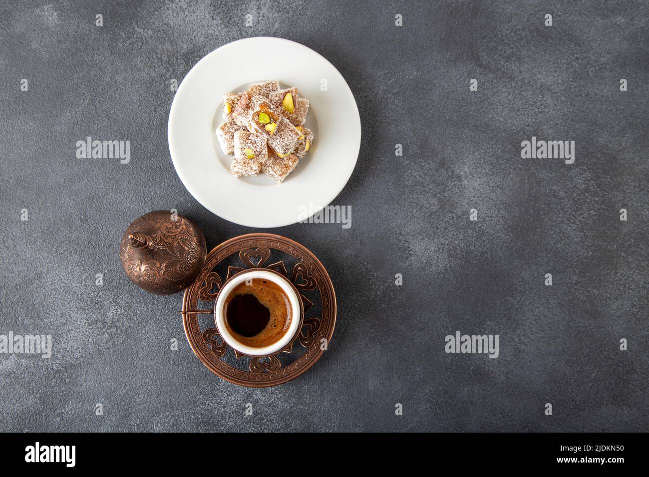 Traditional pistachio Turkish delight and Turkish coffee, top view ...