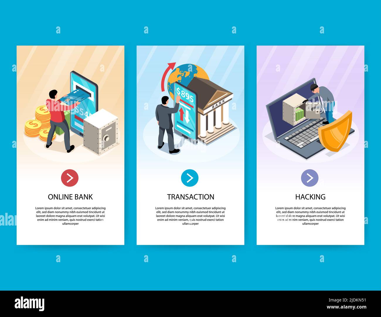 Set of three isometric vertical banners with online bank and hacker stealing money 3d isolated ...