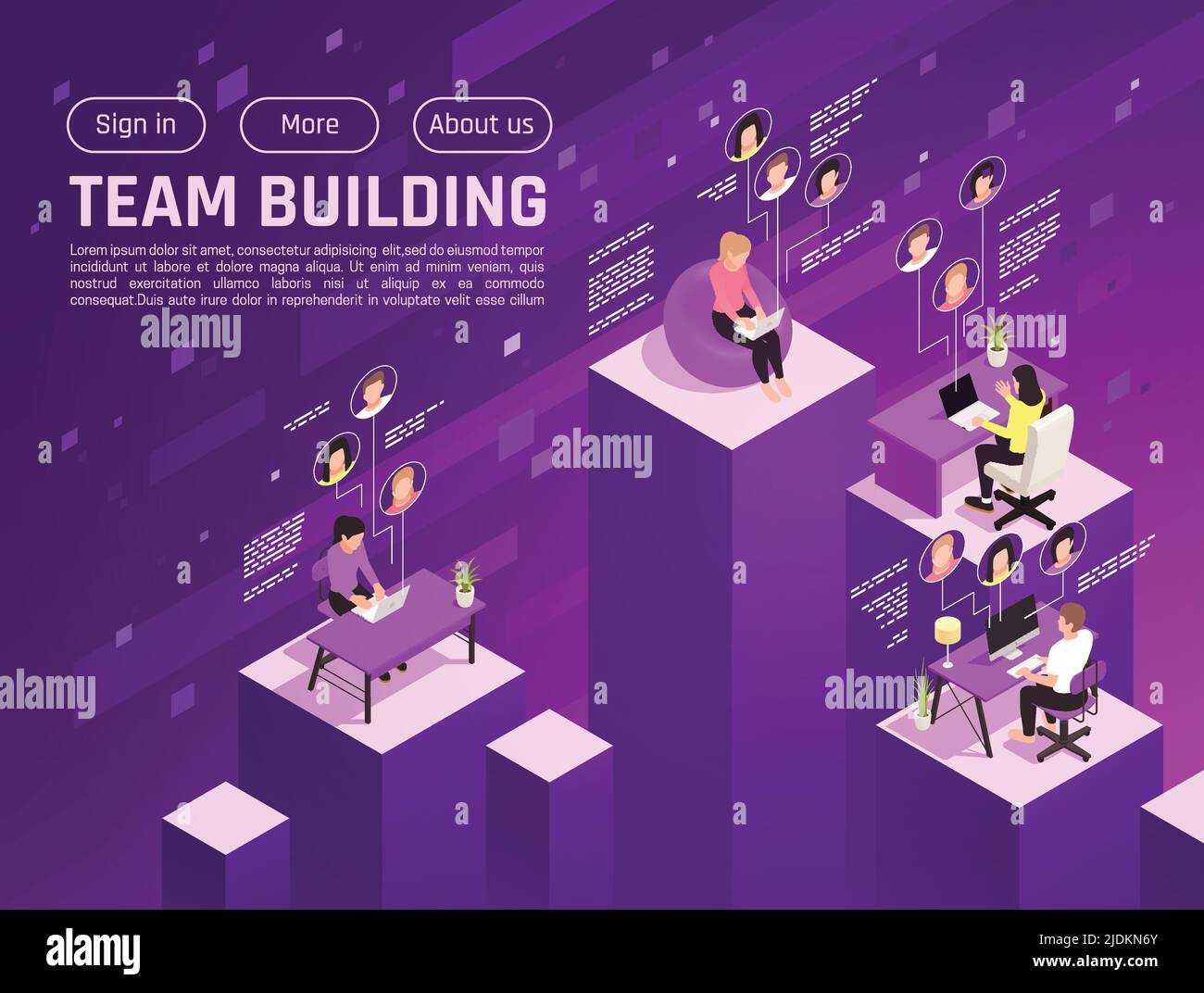Online virtual team building isometric background with clickable ...